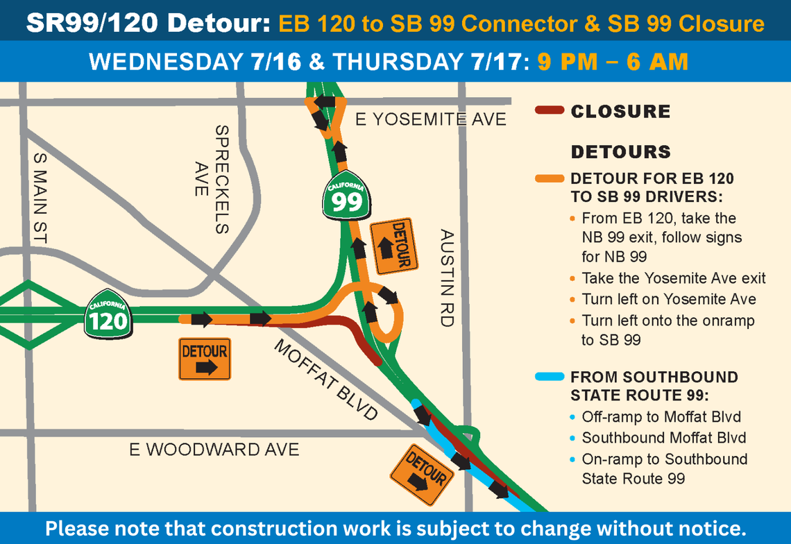 Parts of Highway 99/120 junction will close at night for upgrades. When ...