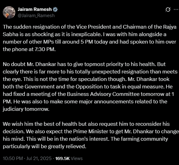 Opposition questions Jagdeep Dhankhar's unexpected resignation as Vice President