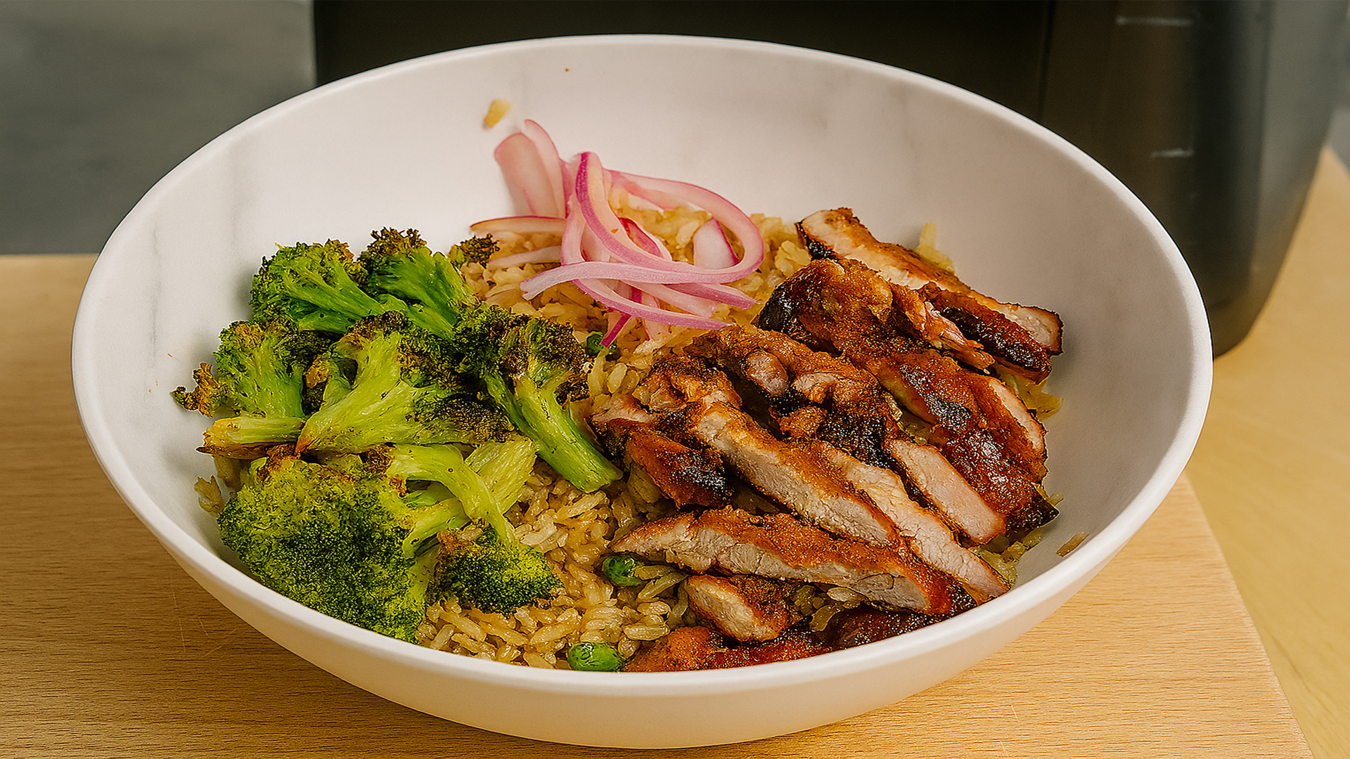 How To Make a Grilled Chicken Rice Bowl with Broccoli and Pickled Onions
