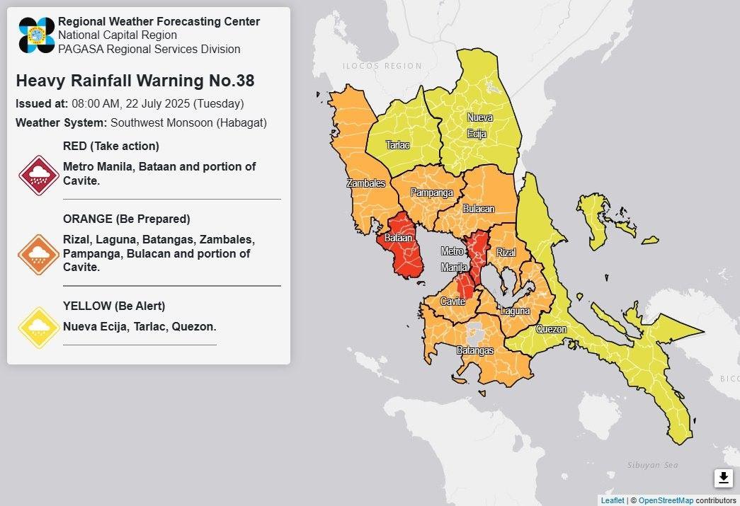 Red rainfall warning up over Metro Manila, Bataan, parts of Cavite