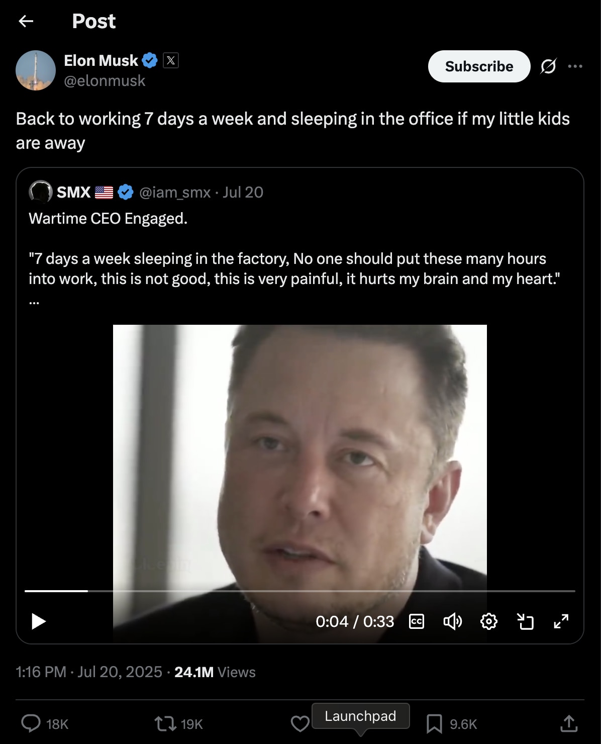 Elon Musk says he's back to sleeping in office, calls it 'wartime mode'