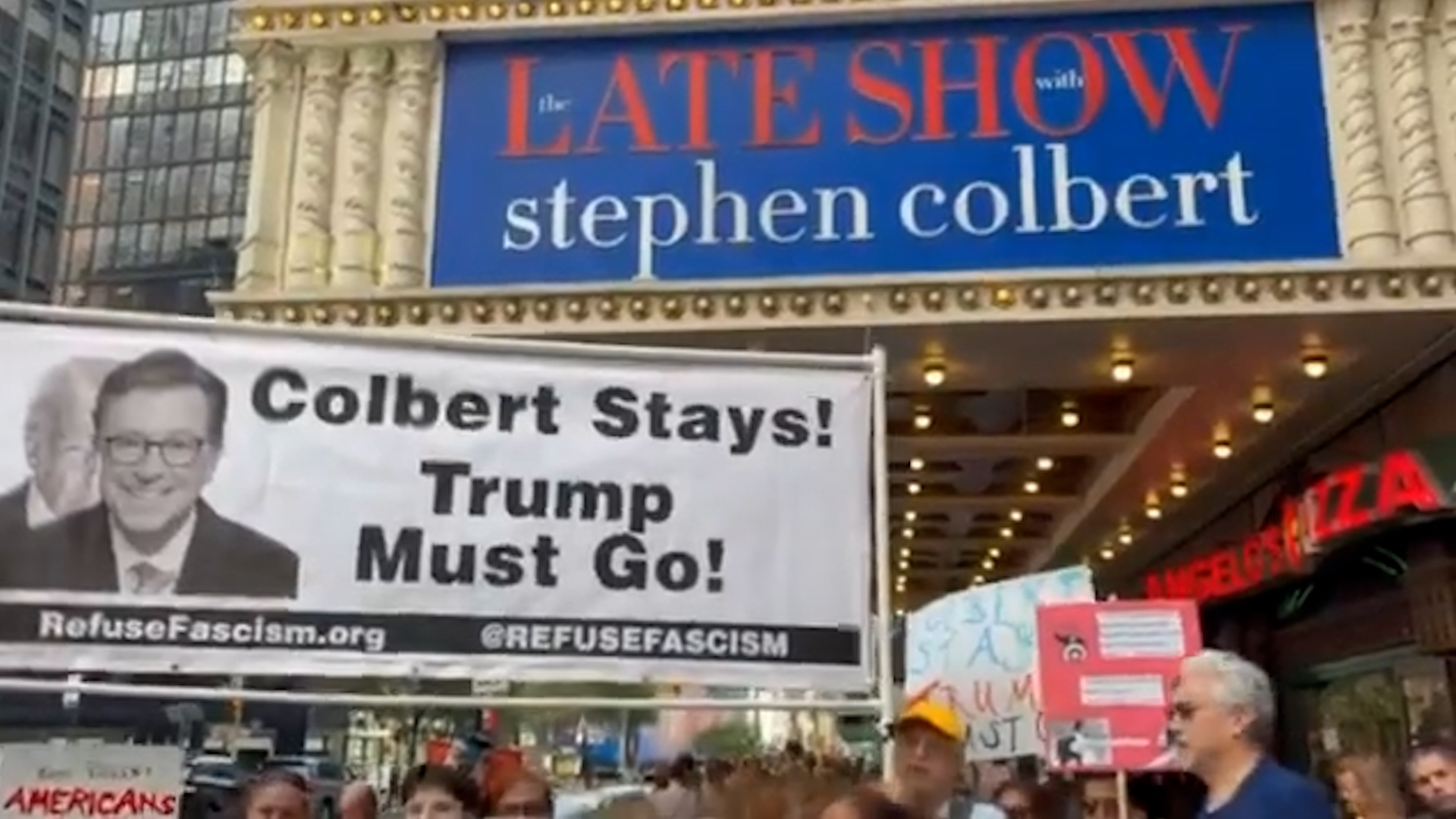 Crowd Protests Cancellation Of 'The Late Show With Stephen Colbert ...