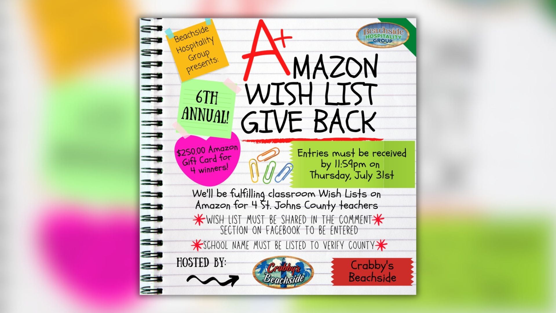 Crabby’s Restaurant helping teachers with Amazon wishlist giveaway