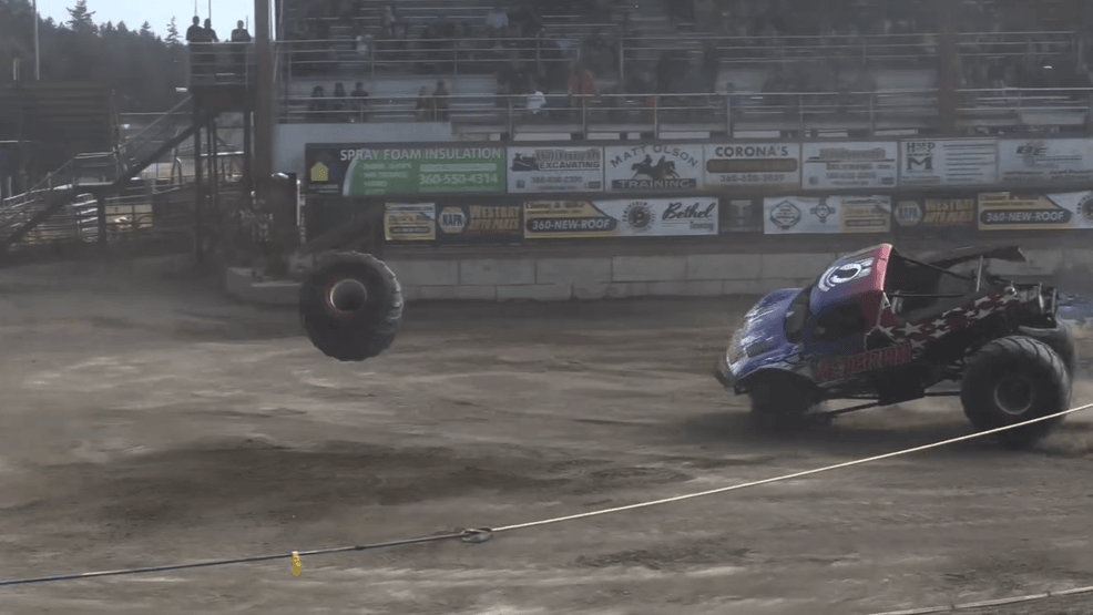 VIDEO: Monster truck tire pops off and flies into parking lot during ...