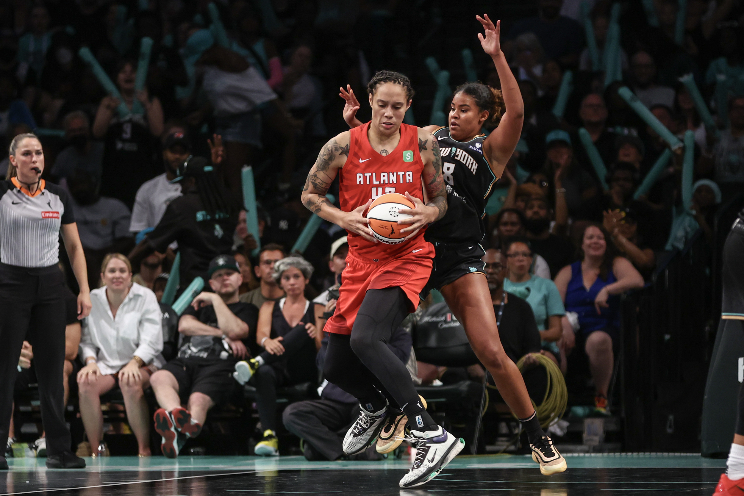 Atlanta’s Griner reacts ahead of return to Phoenix to face Mercury