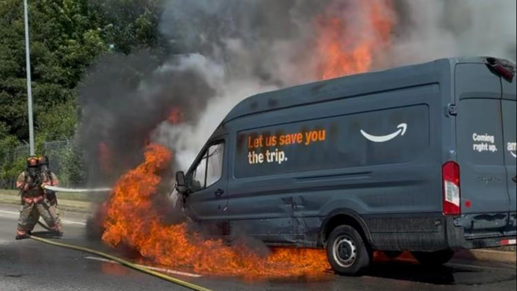 Amazon delivery van catches fire | Photos