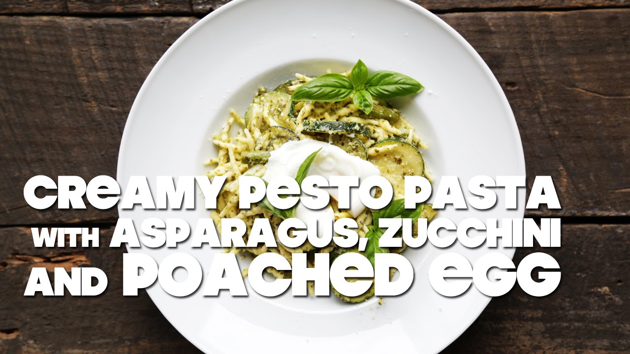 Creamy Pesto Pasta with Veggies and a Perfect Poached Egg