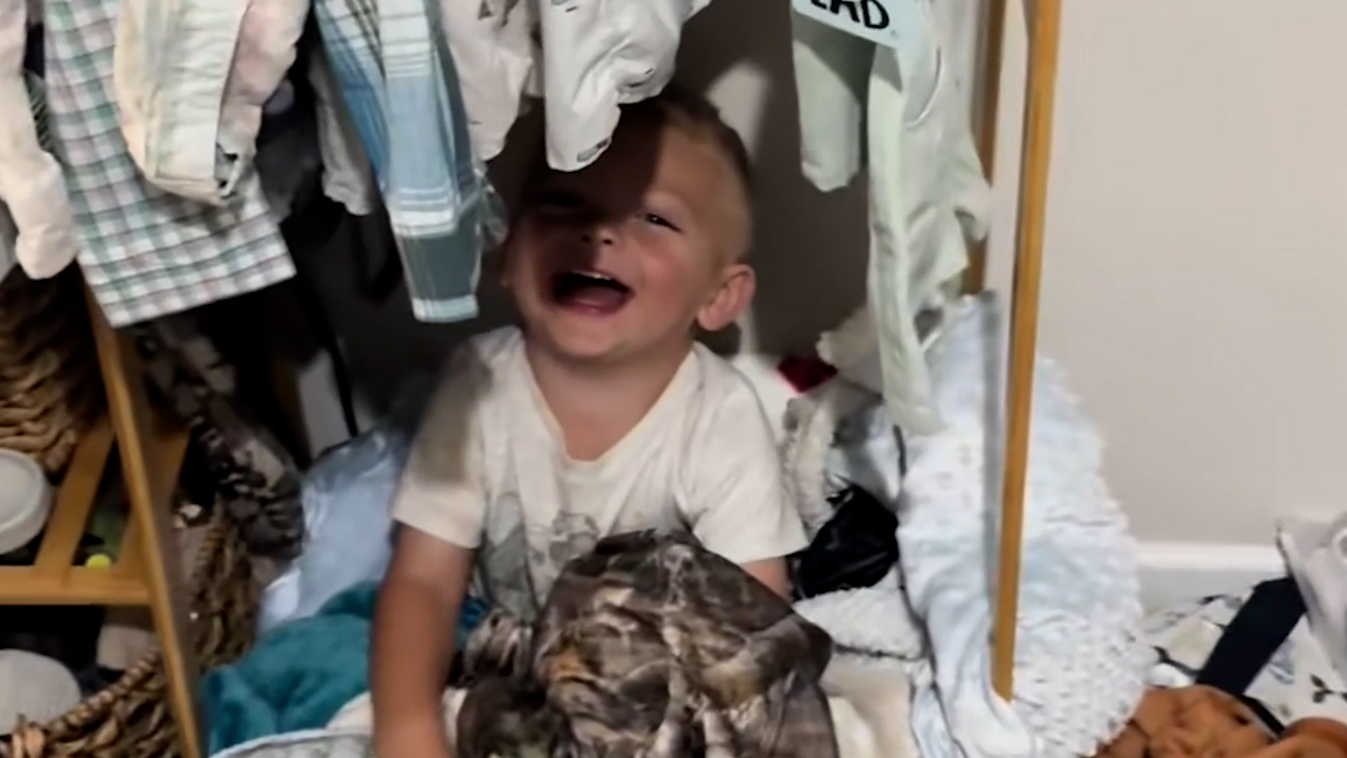 Toddler blows hide-and-seek cover with laughter