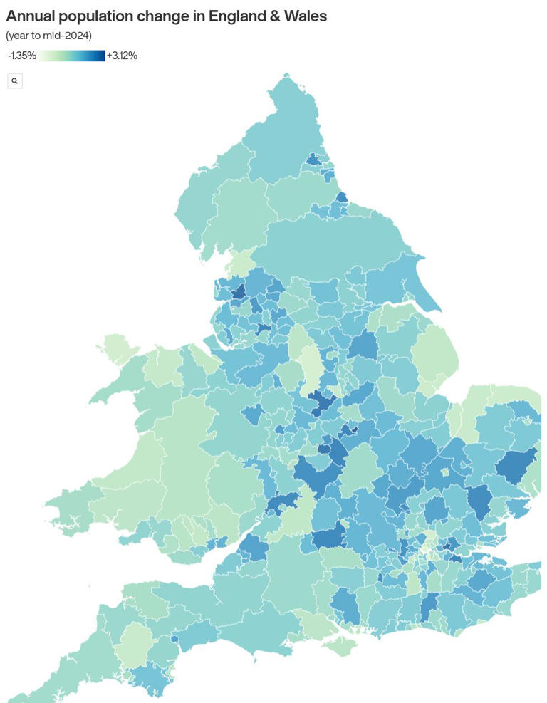 Full list of population change for local areas in England and Wales