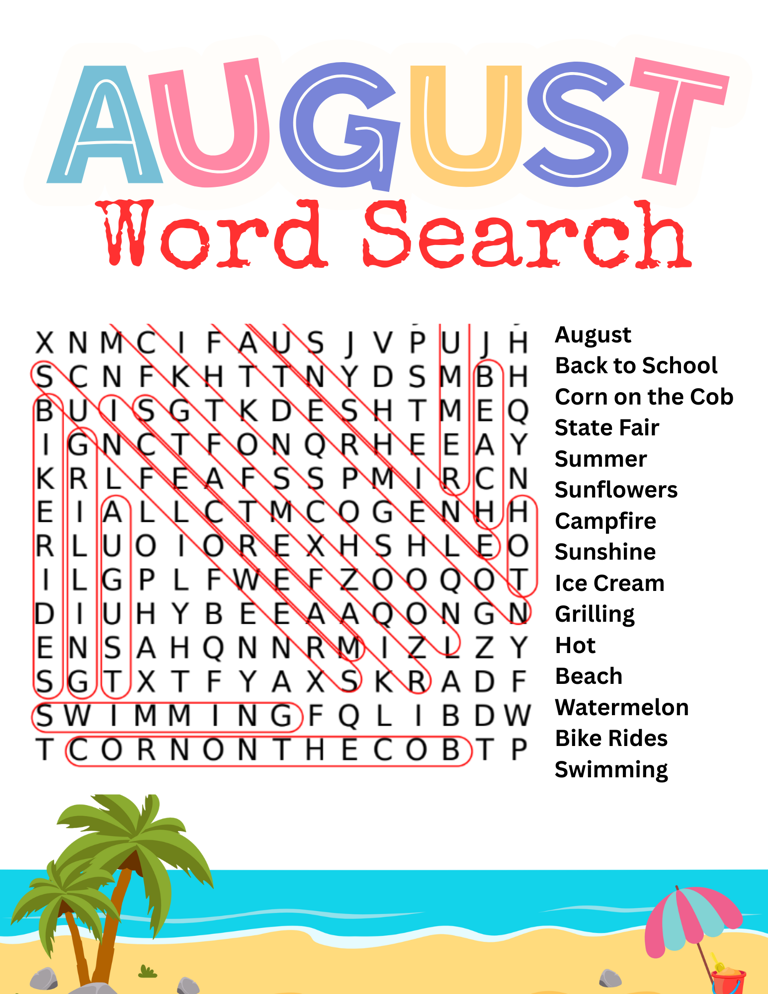 Printable Easy August Word Search and Answer Key