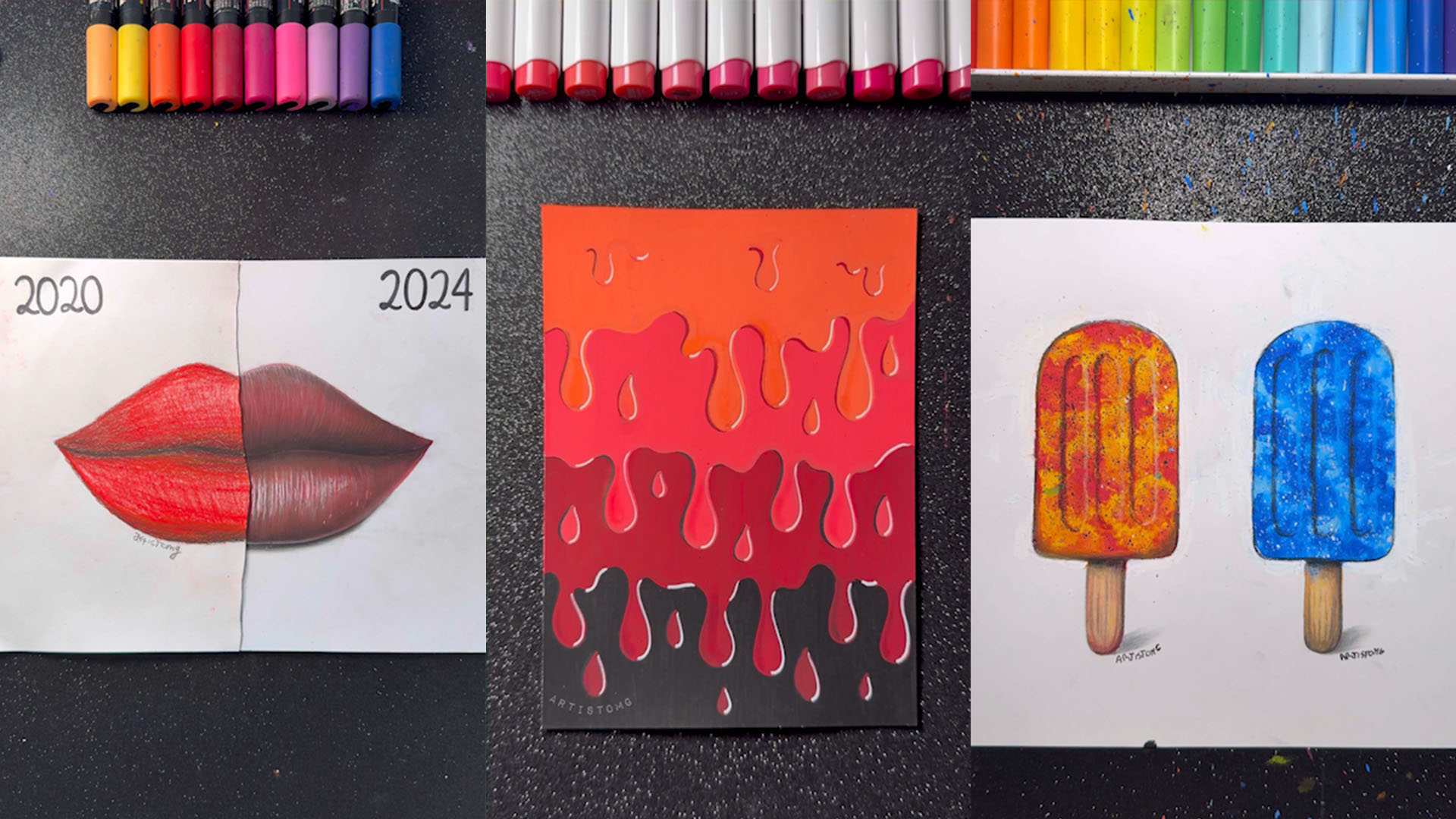 Lip shading evolution, color drip art, and textured ice pop illustrations