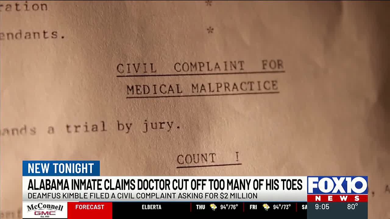 Alabama inmate claims doctor cut off too many of his toes