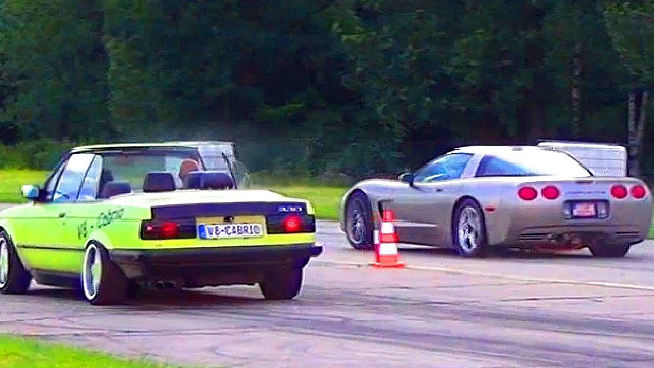 BMW E30 V8 Cabrio vs Corvette C5 – Quarter Mile Drag Race and Burnout