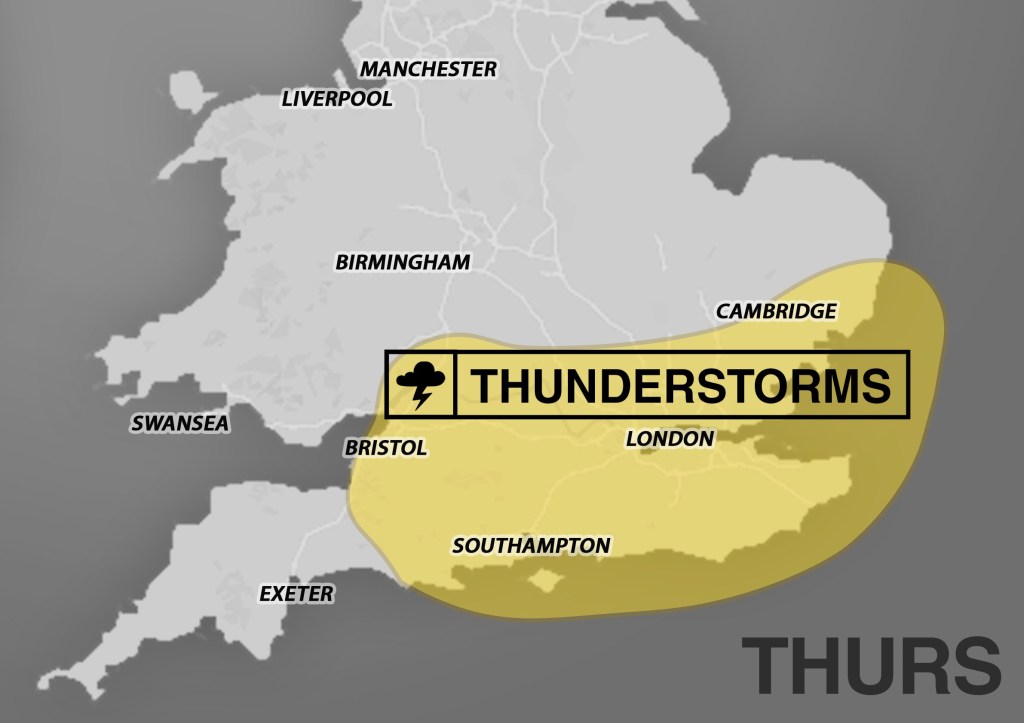 Map shows where thunderstorms and heavy rain will hit UK