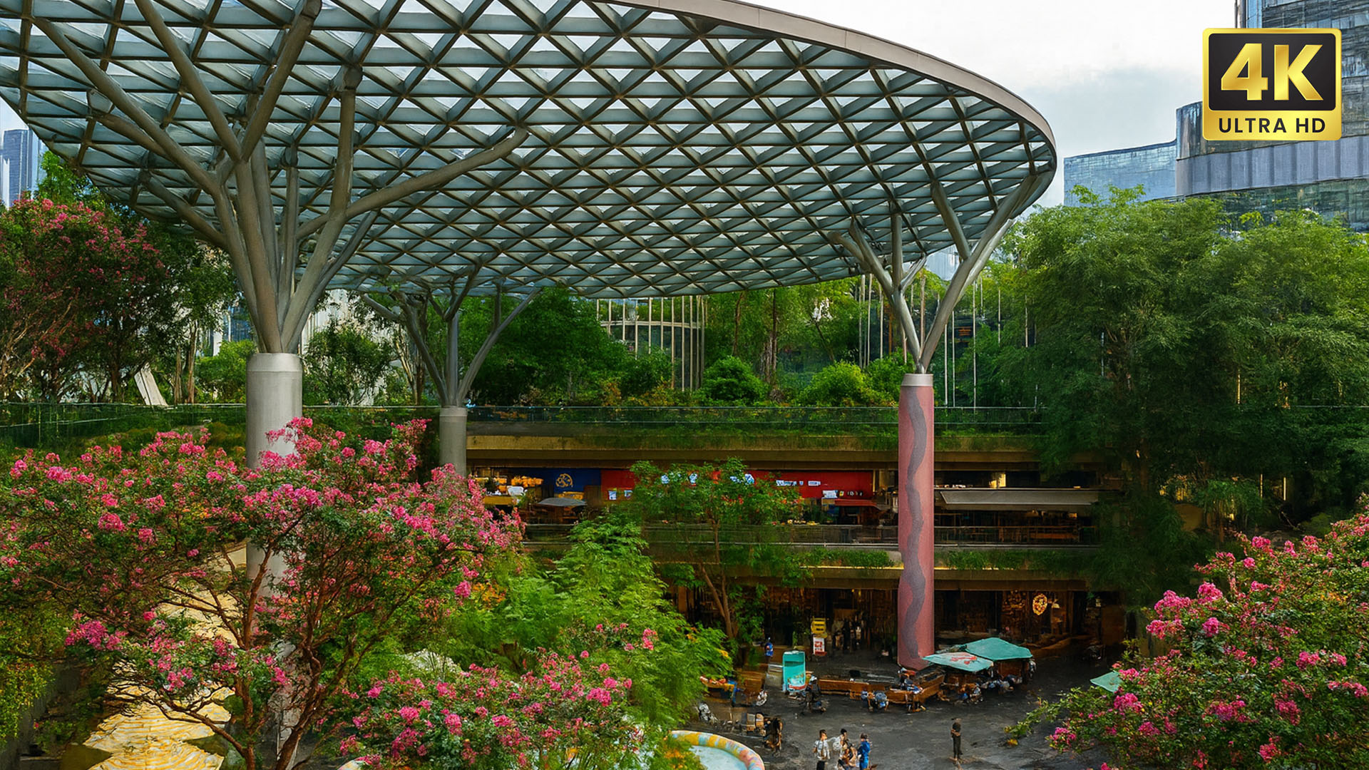 Shopping mall in China that includes a garden space 4K