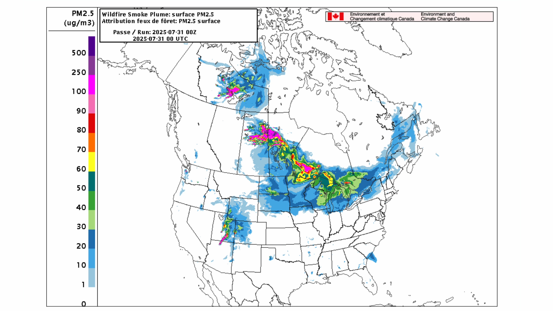 Wildfire smoke map shows intensifying conditions over Manitoba and Ontario