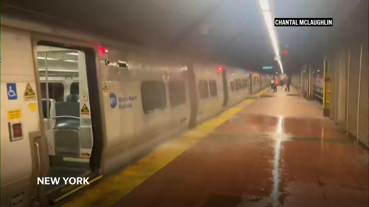 Water pours on Grand Central Station train platforms as strong rain ...