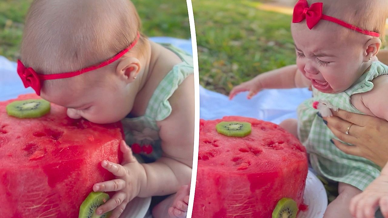 Baby throws adorable tantrum over her beloved watermelon cake