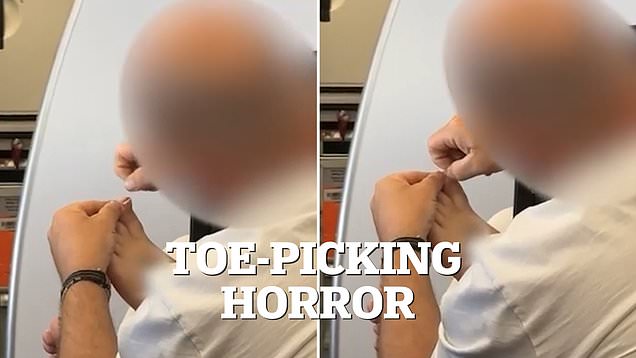 Horrifying moment man picks his partner's toe nails during a flight