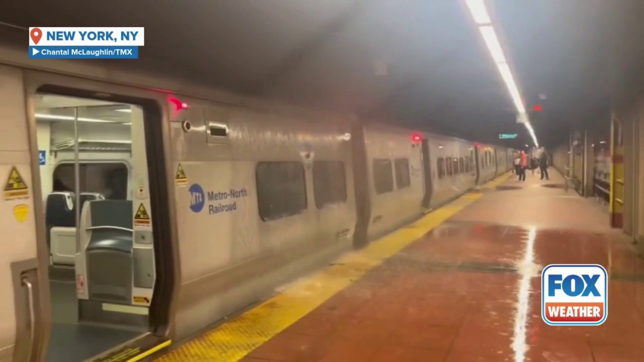Water pours over a Metro North train in New York City's Grand Central ...