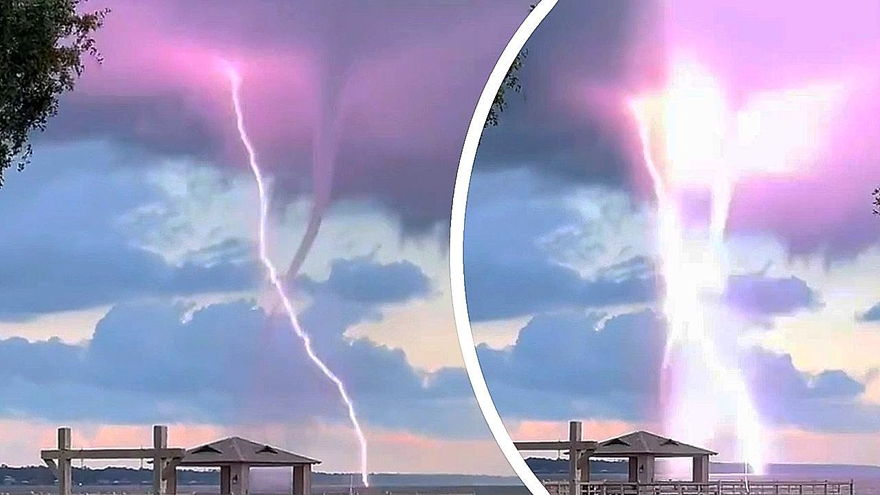 Incredible spectacle as waterspout and lightning strike cross over in sky