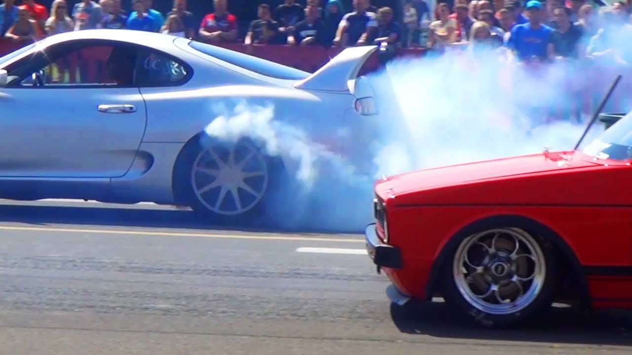 VW Golf 1 Drag Racer vs Toyota Supra Turbo – Quarter Mile Race and Burnout