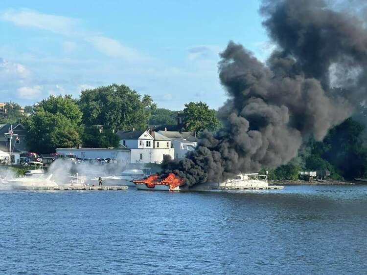 Firefighters battle boat fire on Hudson River in Rensselaer
