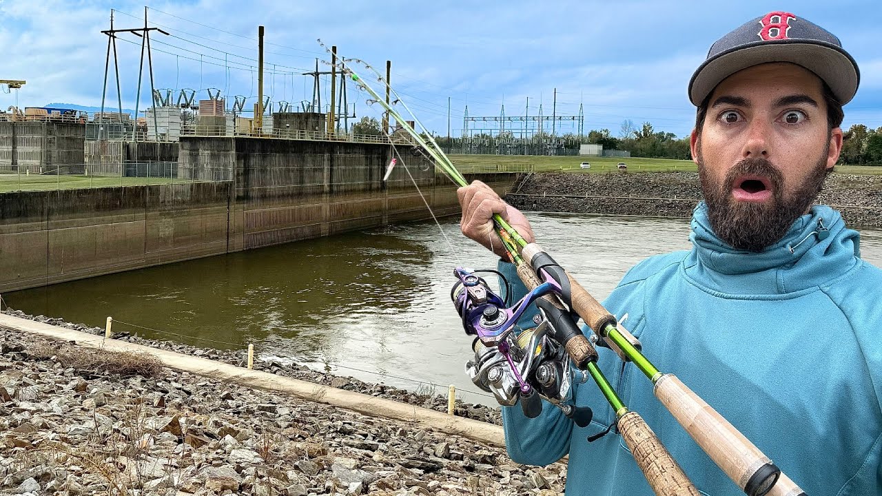 River monster drags me down hydro plant bank during fishing