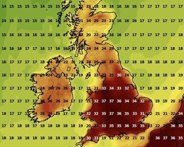UK weather maps turn volcanic red as 37C heatwave hits Britain