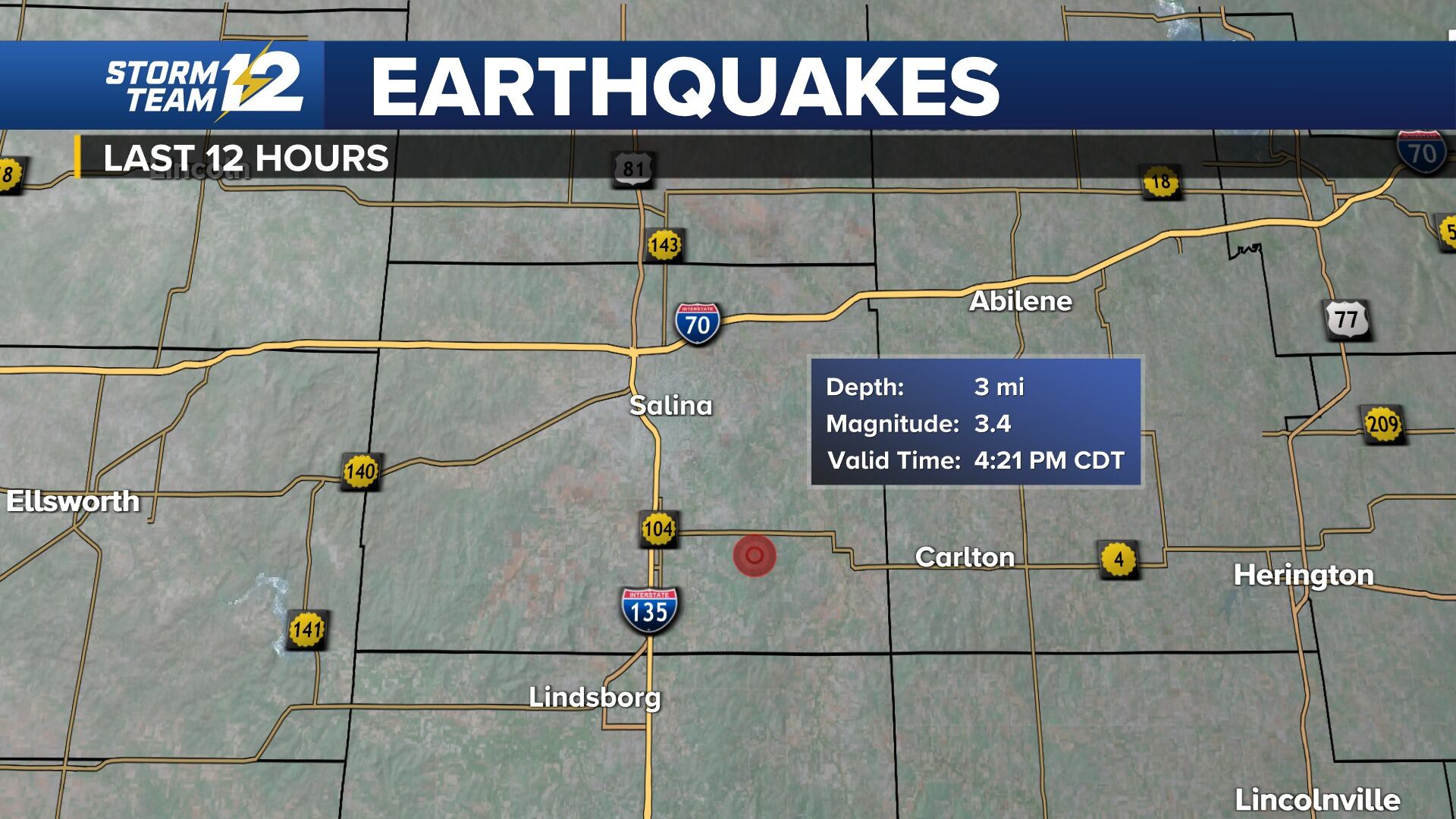 3.4 magnitude earthquake shakes central Kansas near Salina