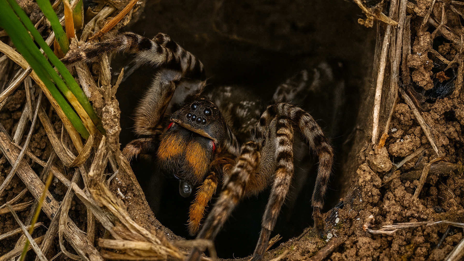 Zuid-Russische tarantula zorgt voor haar jongen in het wild