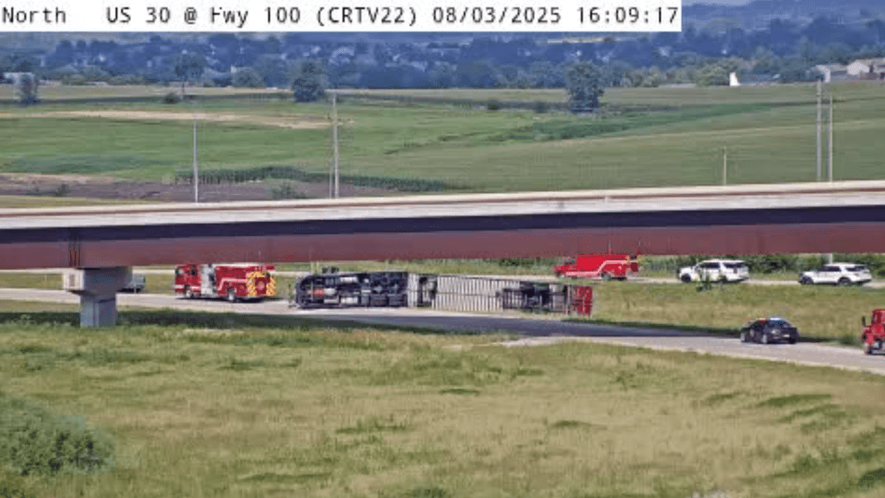 One injured after semi-truck overturns on Highway 30 and Highway 100