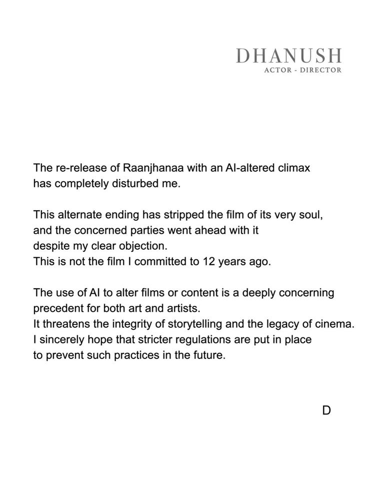 After Director Anand L. Rai, Dhanush Bashes Raanjhanaa Makers For AI ...