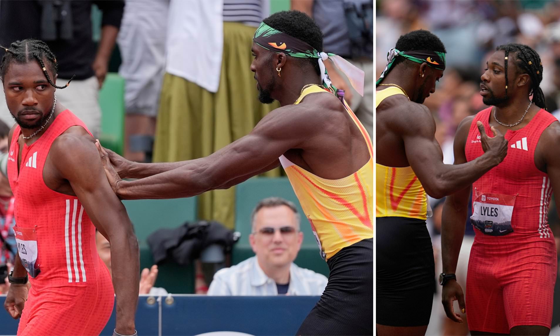 Noah Lyles shoved by Kenny Bednarek with US sprinters coming to blows as tense rivaly turns nasty
