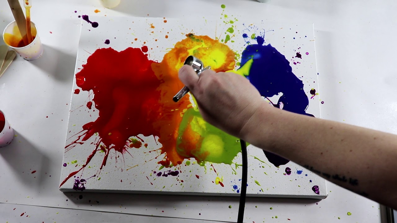 Airbrush Splattered Painting with Stenciled Elephant! Acrylic Pouring ...