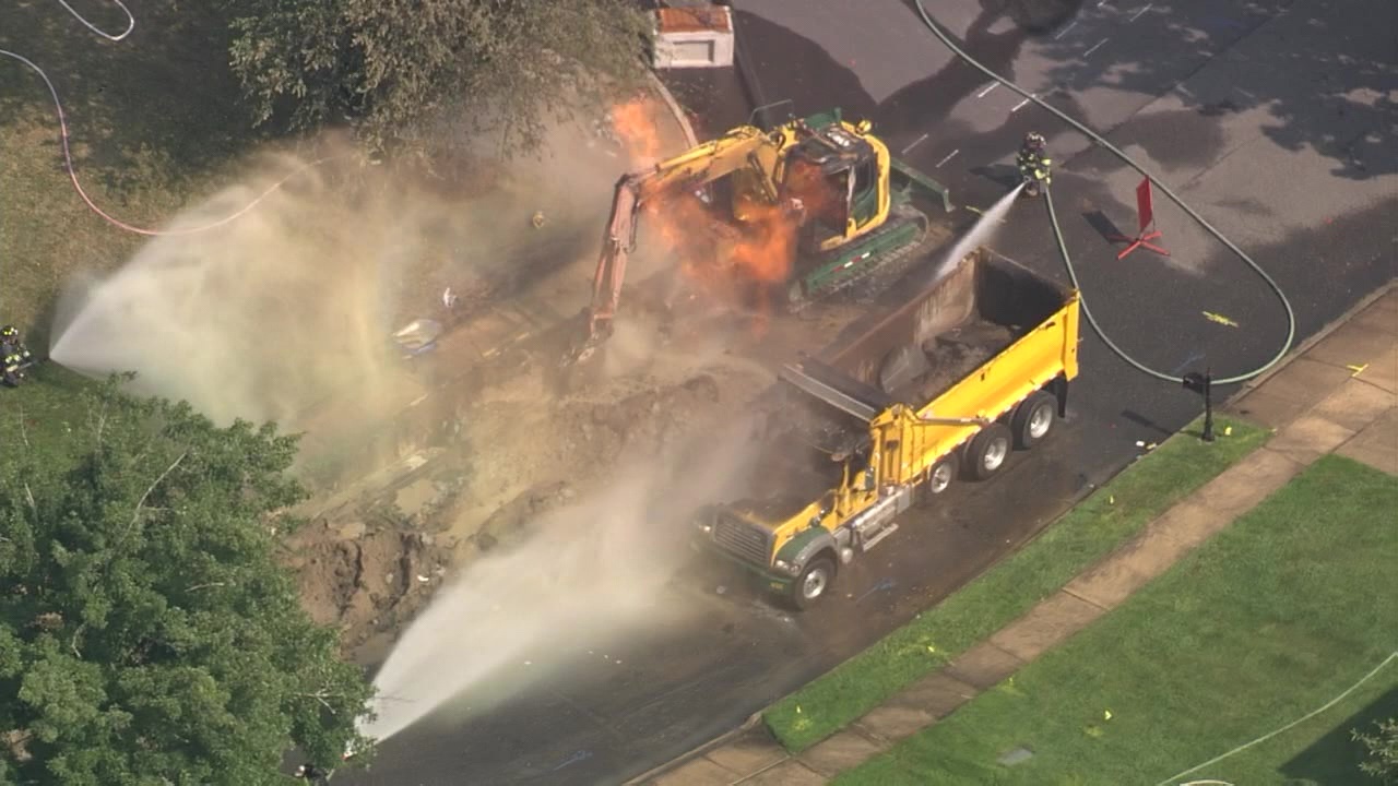 Dump truck, excavator catch fire during apparent gas leak in Evesham ...
