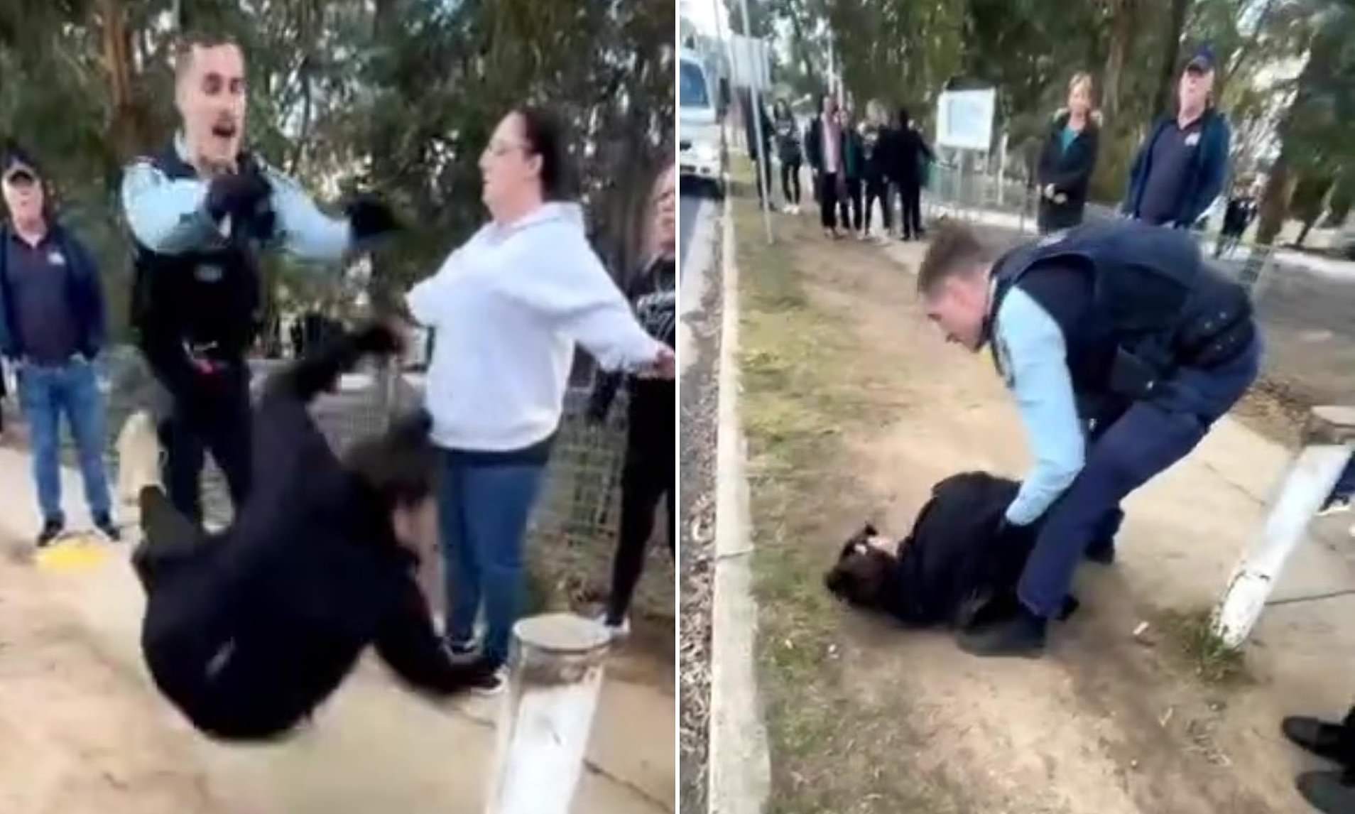 Disturbing moment cop is filmed pushing over a woman from behind