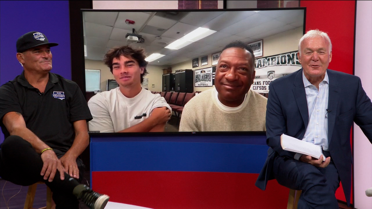 Poway quarterback Noah Schuback and head coach Brandon Harris