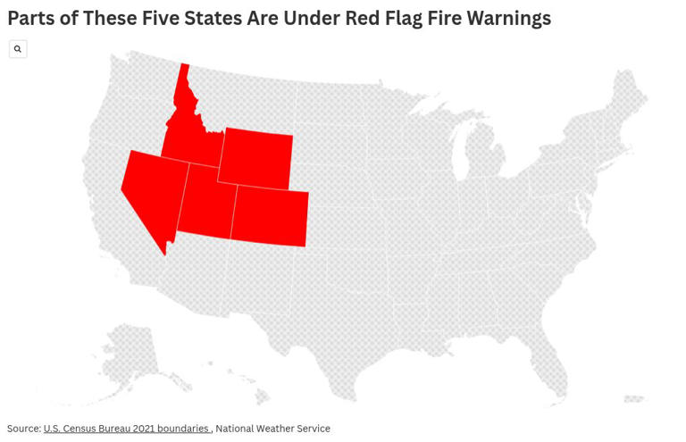 Map shows states where red-flag fire warnings in effect