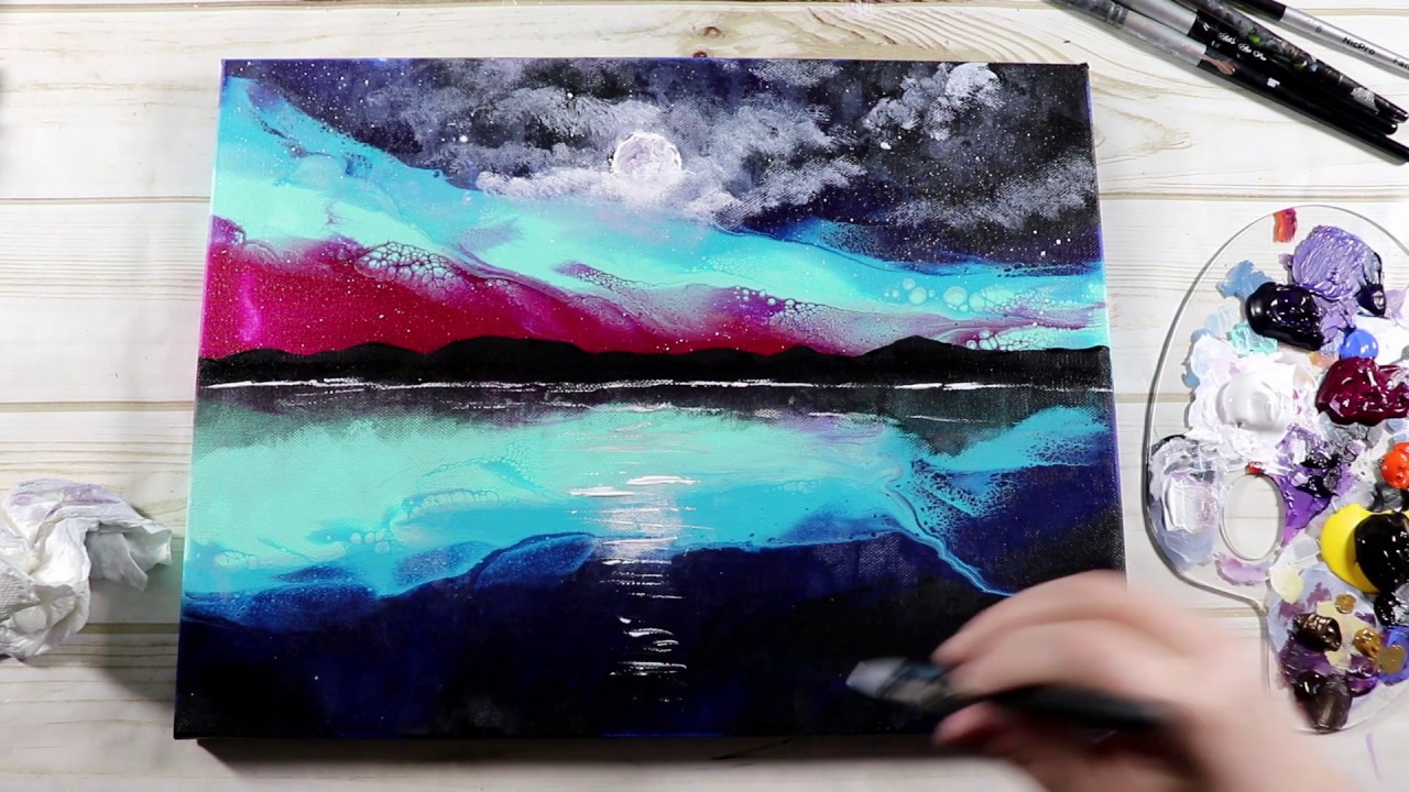 Northern Lights Night Sky with Dip Technique | Acrylic Painting Tutorial