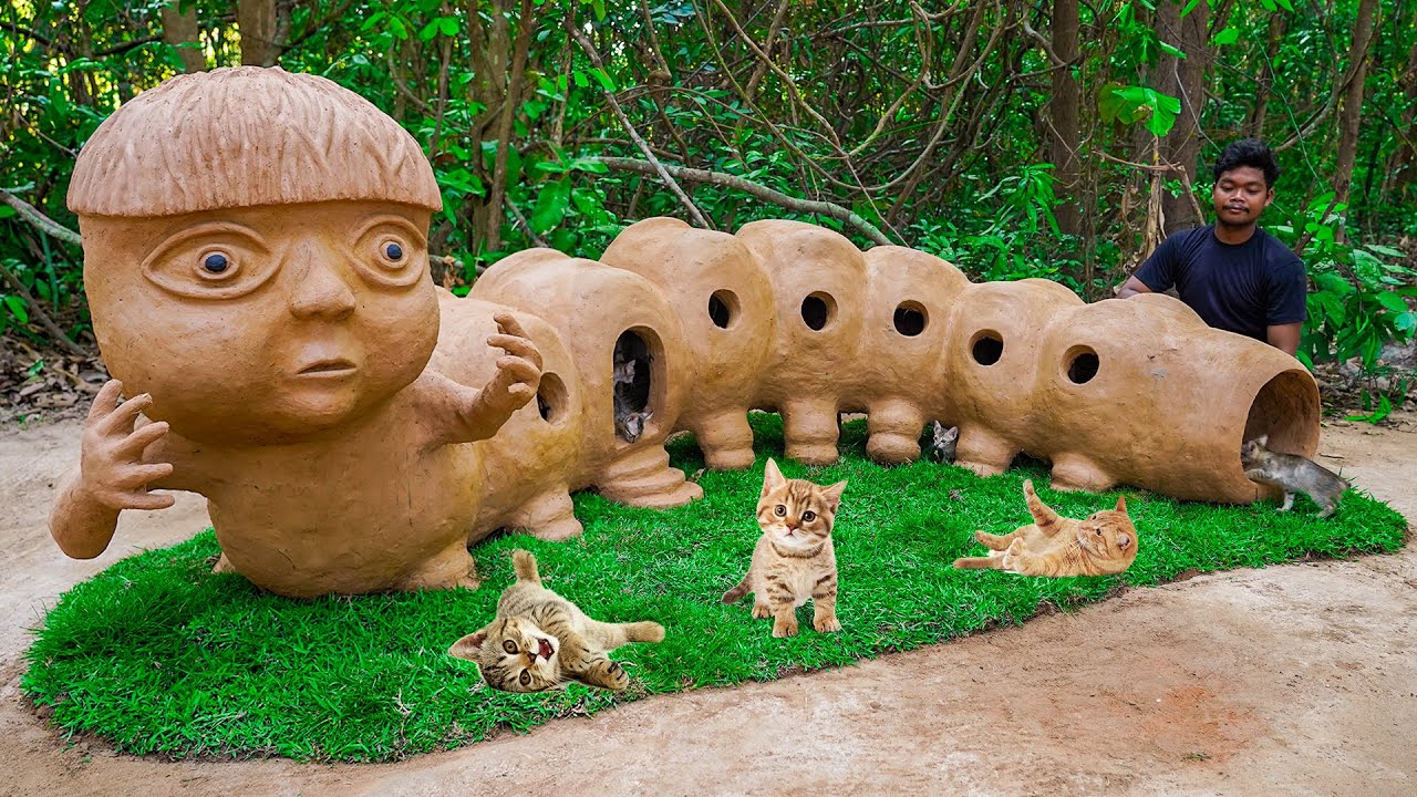 Build Mud House For Rescue Cats And Fish Pond to Raising Redfish