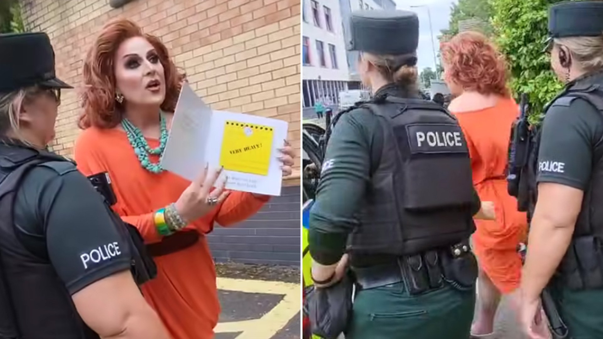 Drag queens being loaded into police cars after rally