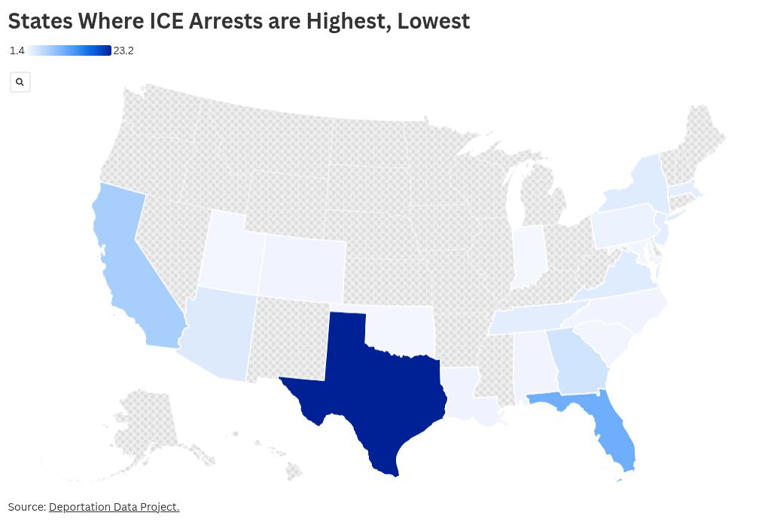 Map shows states where ICE arrests are highest, lowest