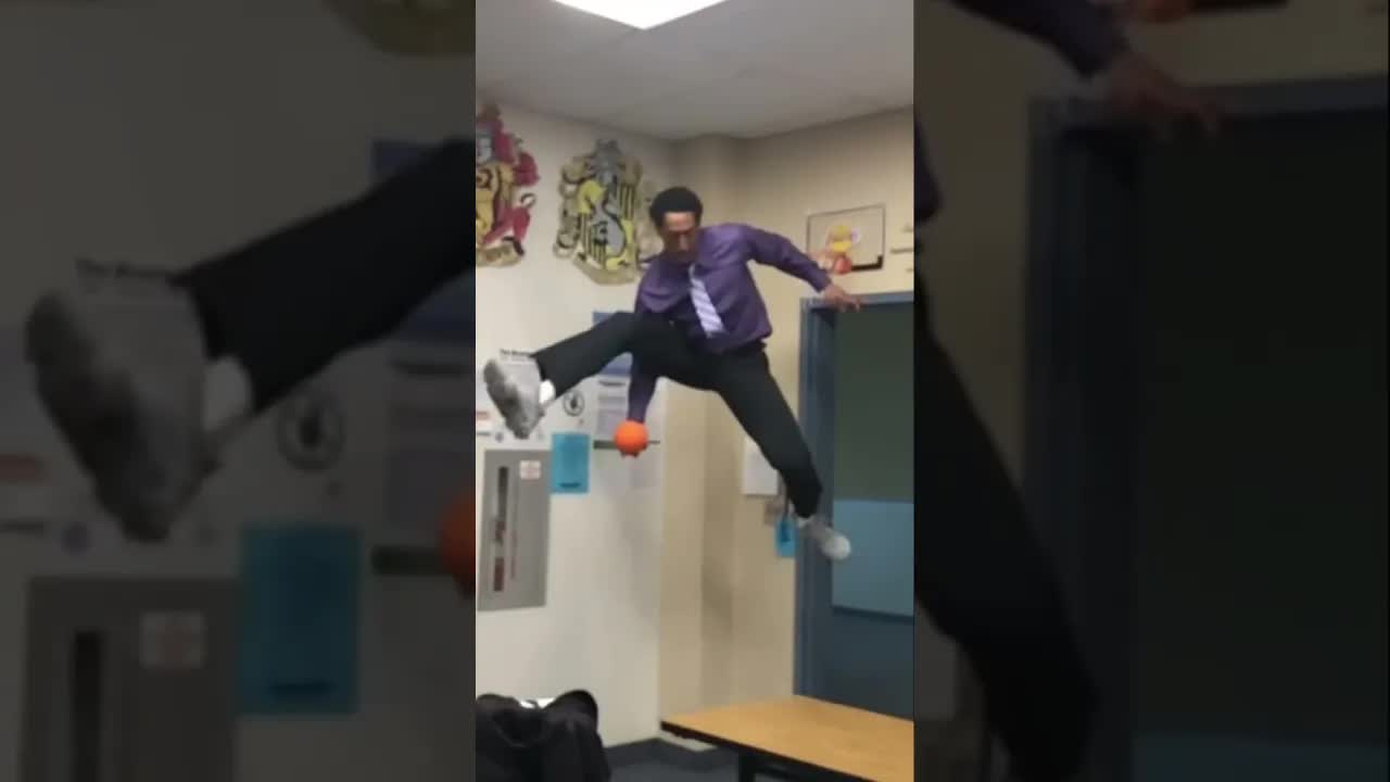Teacher dunks low-rim in classroom #dunkcontest #NBA #basketball
