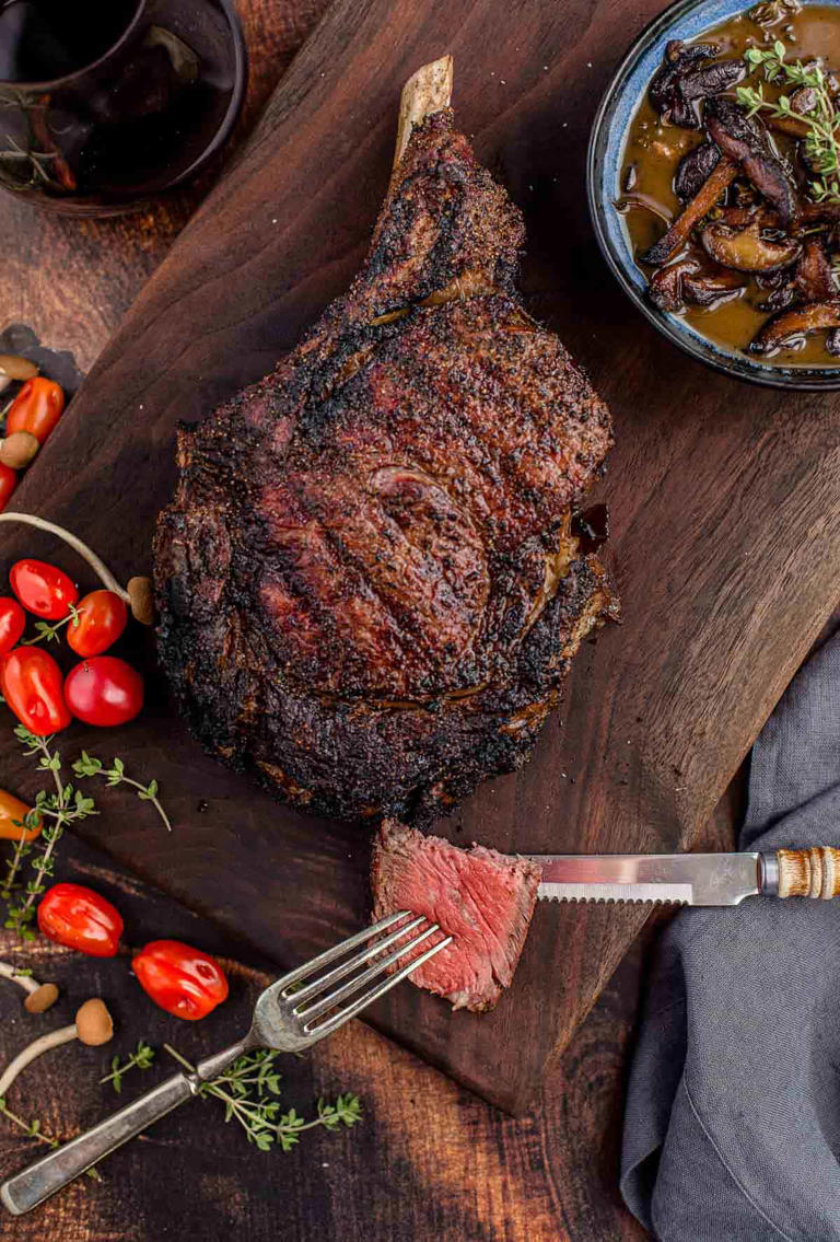Grilled Cowboy Ribeye Steak With Red Wine and Mushroom Sauce