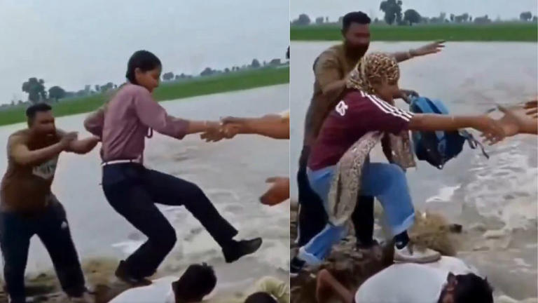 Heavy Rains Wash Away Road In Punjab, Villagers Help School Children ...