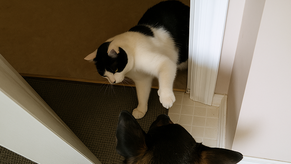 Cat stops dog at the door | Funny pet stand-off moment