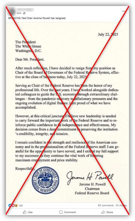 US conservatives spread fake Fed chair resignation letter online