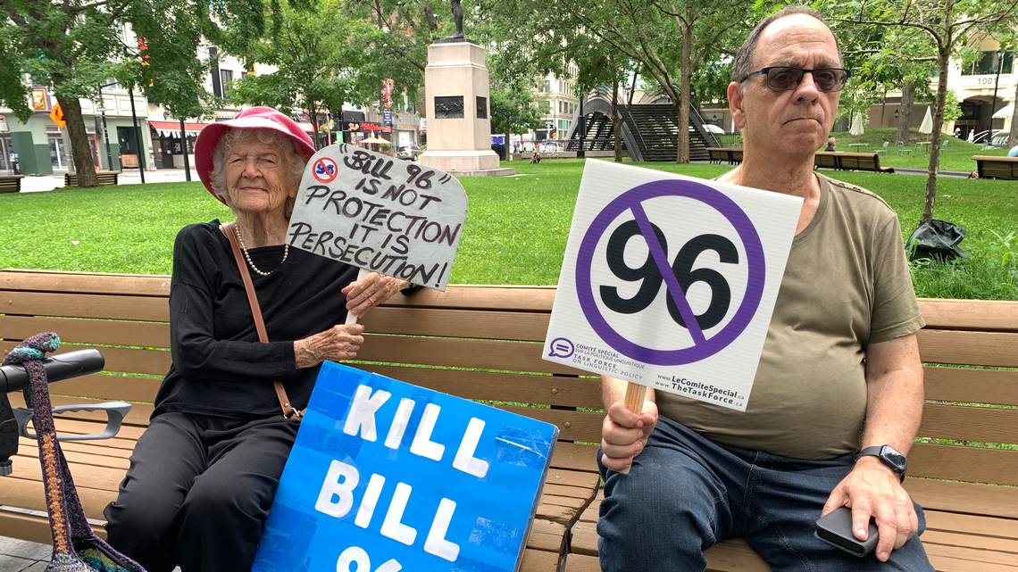 About 40 people gather in downtown Montreal to protest Bill 96