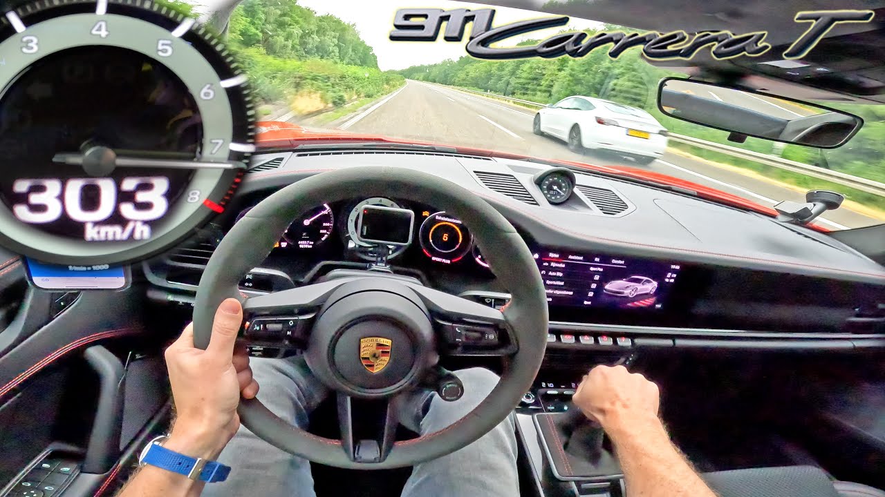 Porsche 911 Carrera T Manuale 2024 – 303 KMH su Autobahn in POV